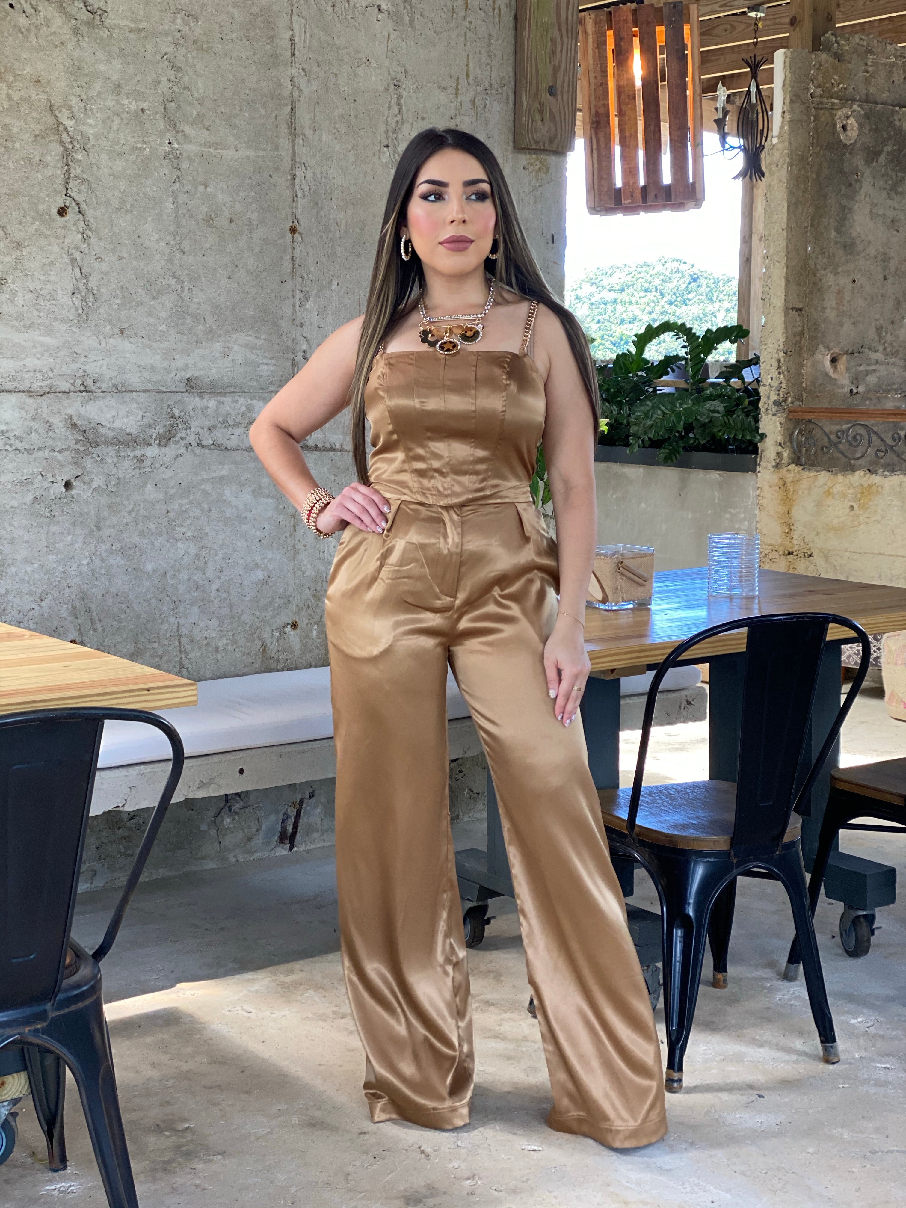SOLID SATIN GOLD CHAIN STRAP TOP & WIDE PANTS SET – Garage Boutique